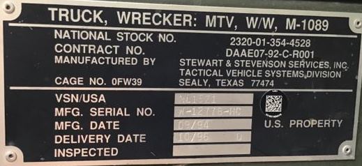 1994 6x6 Stewart & Stevenson M1089 Wrecker for Sale